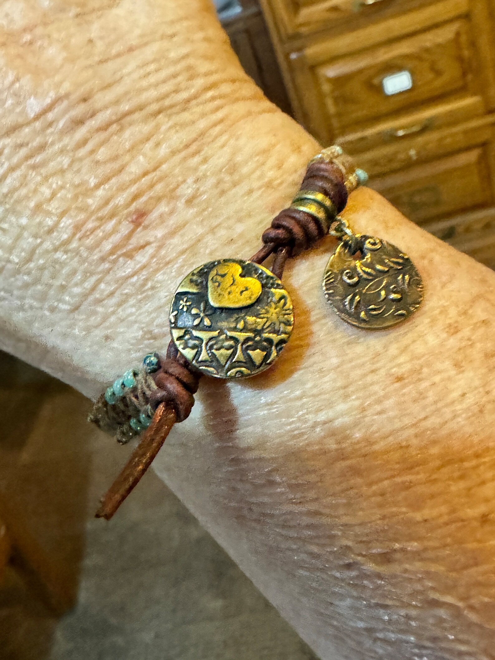 Brown Leather Bohemian Macrame Bracelet With Seed Beads Around Black ...