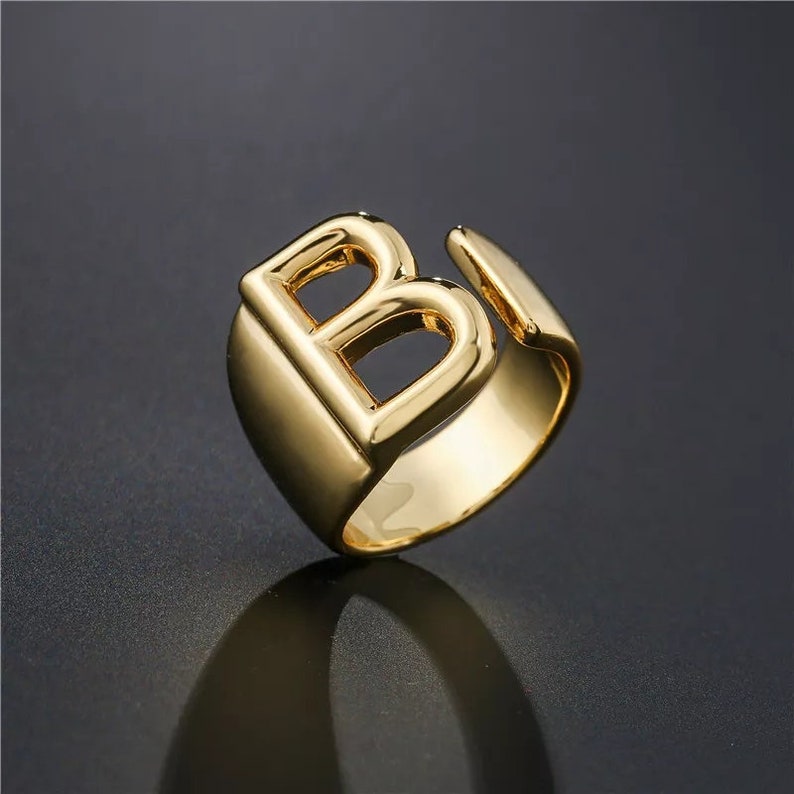 Gold Initial Ring: Adjustable Letter Ring for Women - Etsy