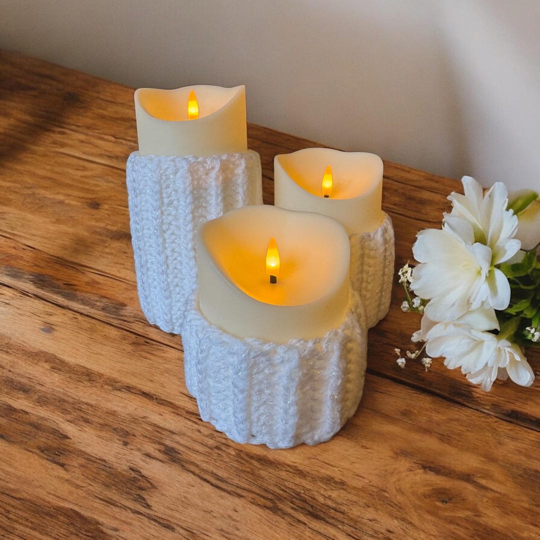Flameless Pillar Candle Set With Handmade Crochet Wrap Custom Color ...