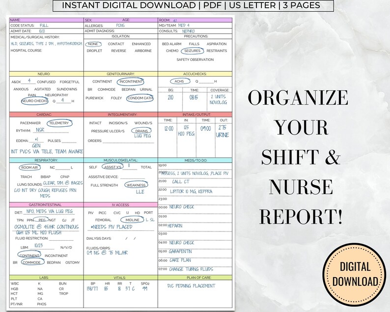Nurse Report Sheet Med Surg, Nursing Brain, Hourly Layout Day & Night ...