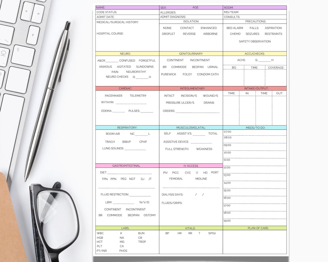 Nurse Report Sheet Med Surg, Nursing Brain, Hourly Layout Day & Night ...