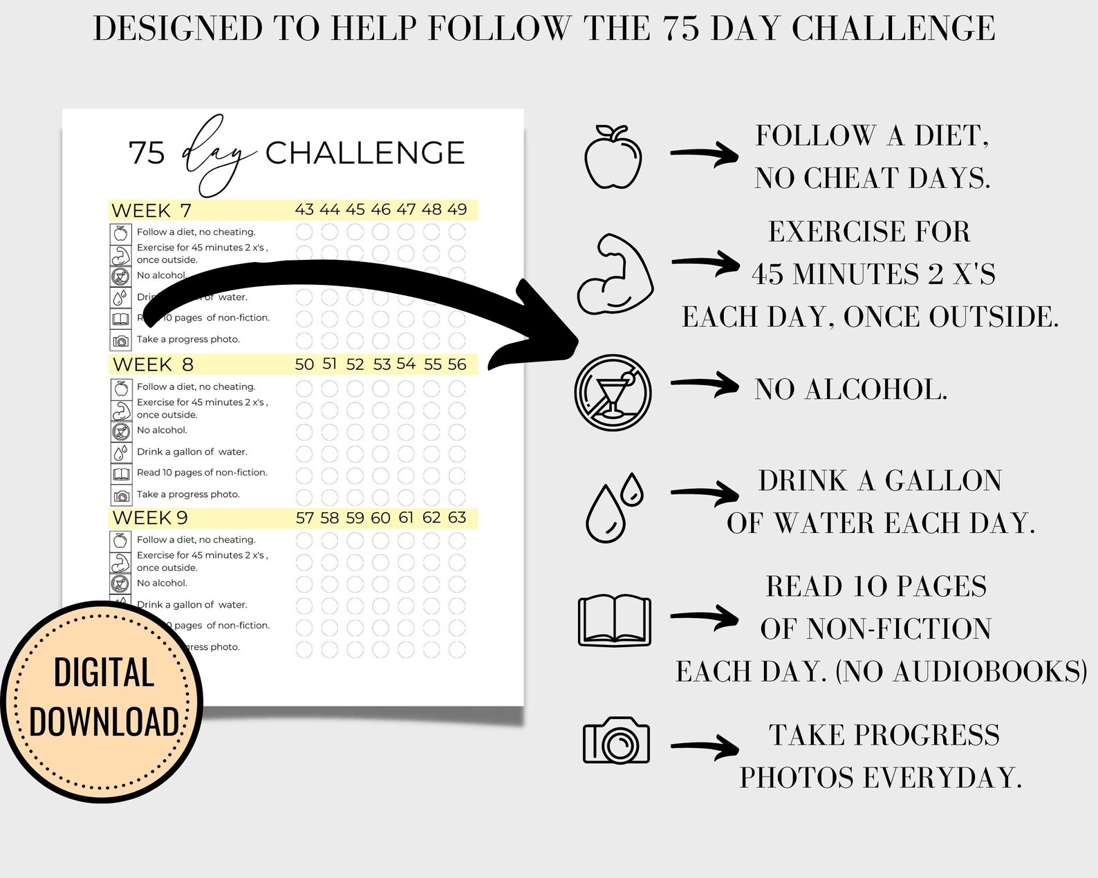 75 Day Challenge Printable, 75 Day Tracker, 75 Challenge Printable , 75 ...