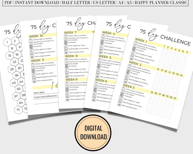 75 Day Challenge Printable, 75 Day Tracker, 75 Challenge Printable , 75 ...