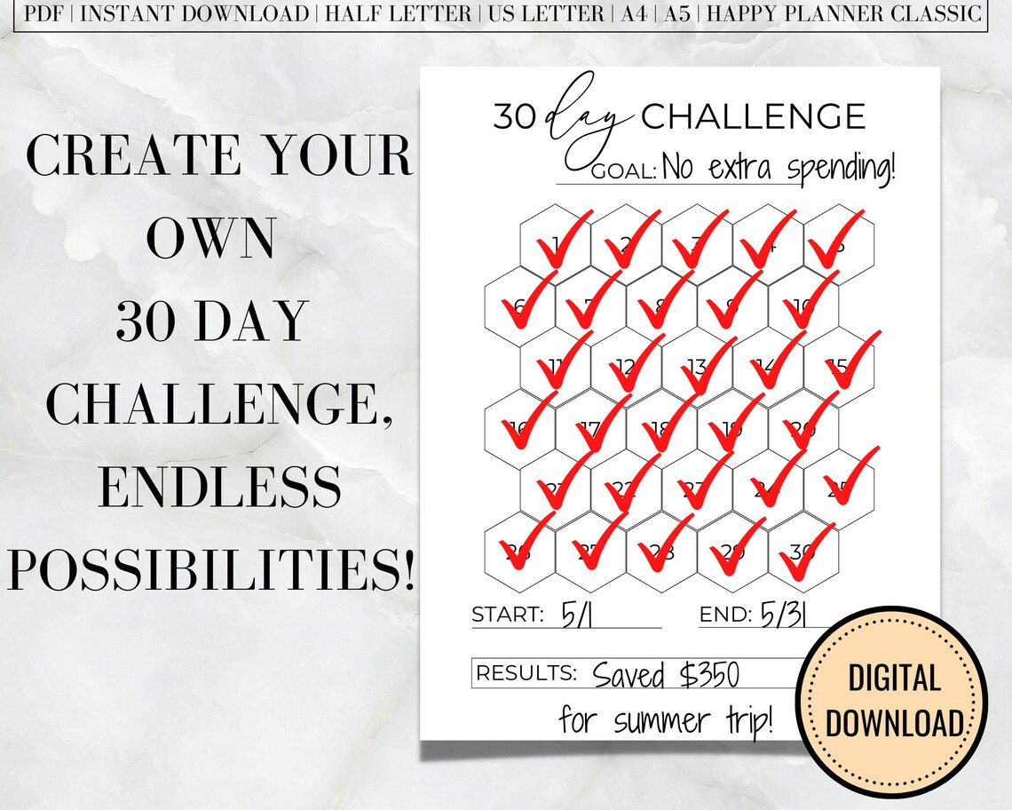 30 Day Challenge Printable, 30 Day Goal Tracker, Monthly Goal Planner ...