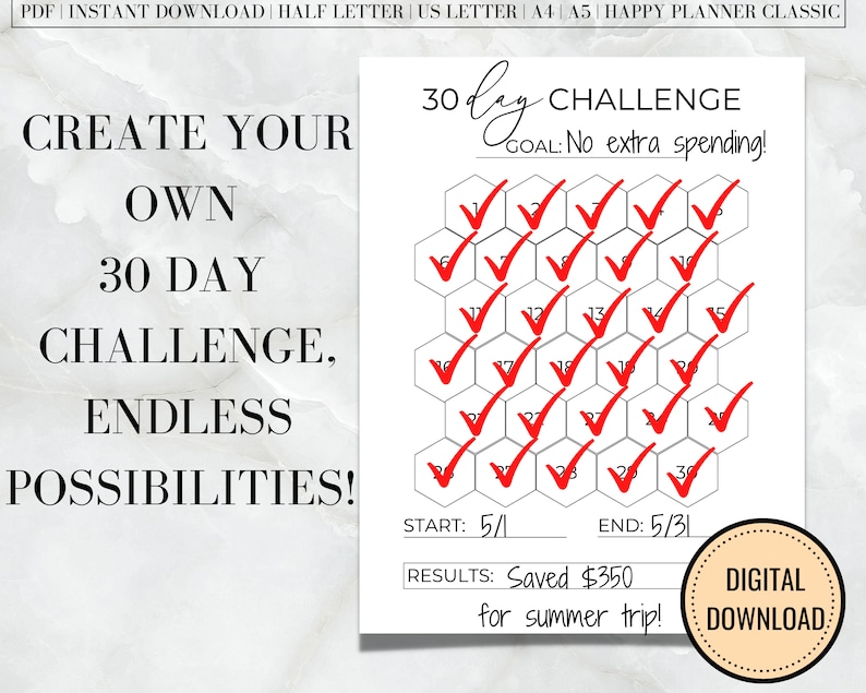 30 Day Challenge Printable, 30 Day Goal Tracker, Monthly Goal Planner ...