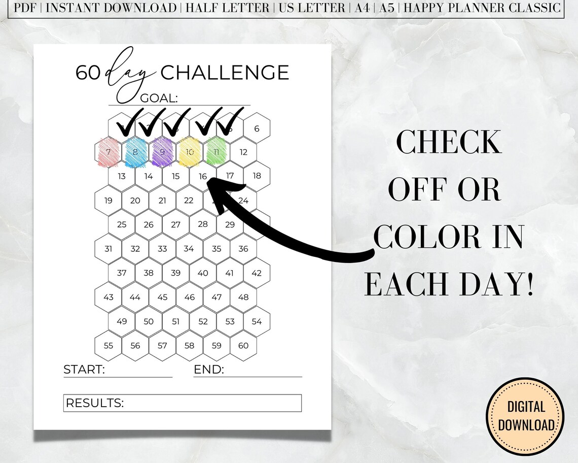 60 Day Challenge Printable, 60 Day Goal Tracker, Monthly Goal Planner ...