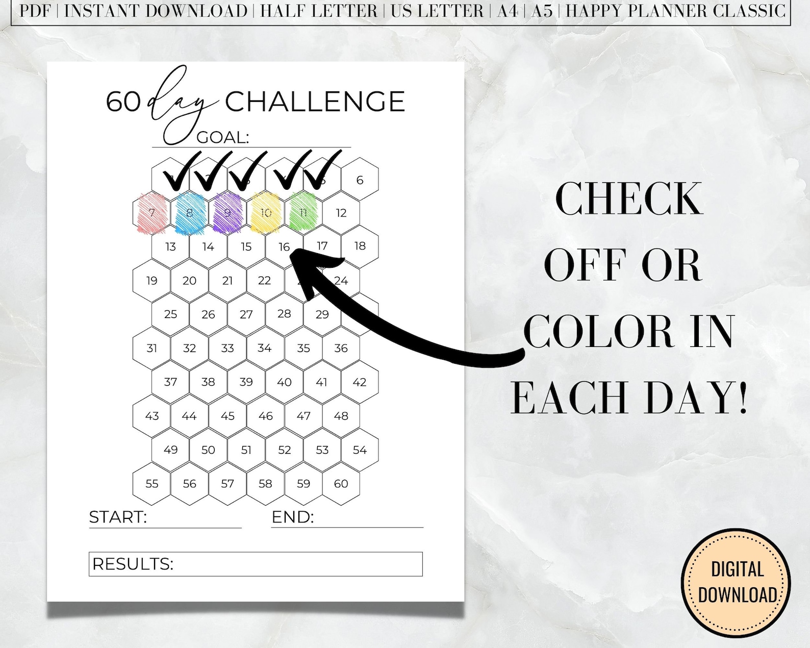 60 Day Challenge Printable, 60 Day Goal Tracker, Monthly Goal Planner ...