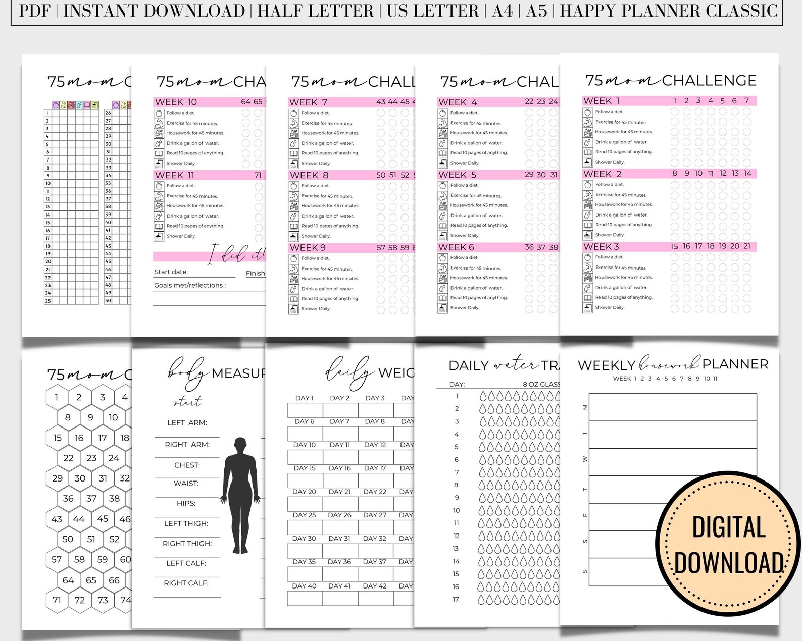 75 Mom Challenge Printable Bundle, 75 Mom Tracker, 75 Mom Printable, 75 ...