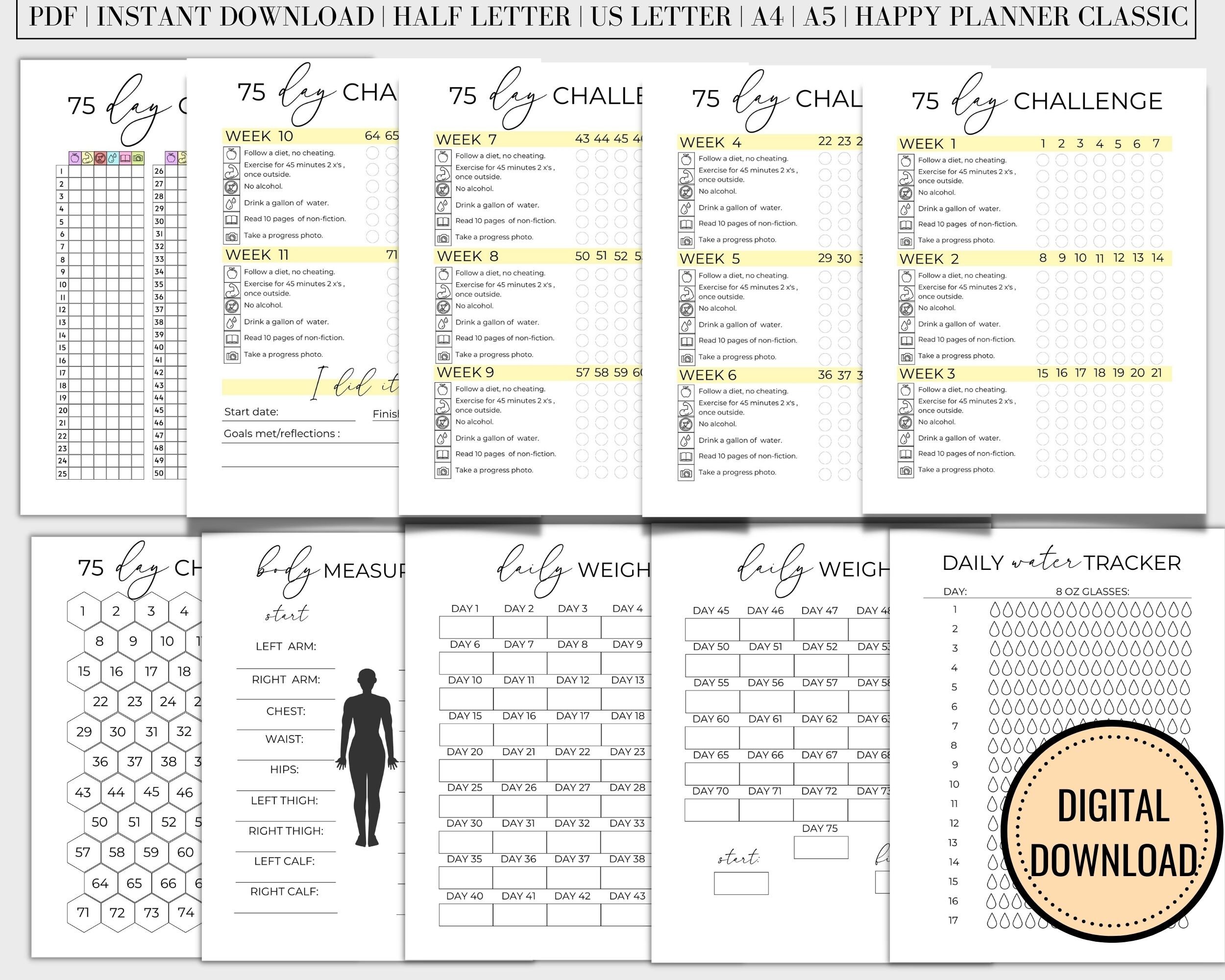 75 Day Challenge Bundle Printable, 75 Day Tracker, 75 Challenge ...