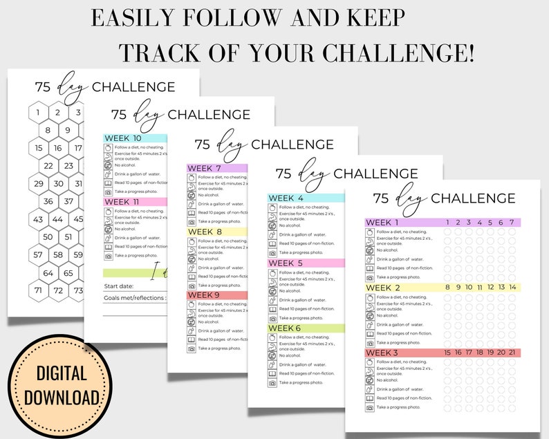 75 Day Challenge Printable, 75 Day Tracker, 75 Challenge Printable , 75 ...