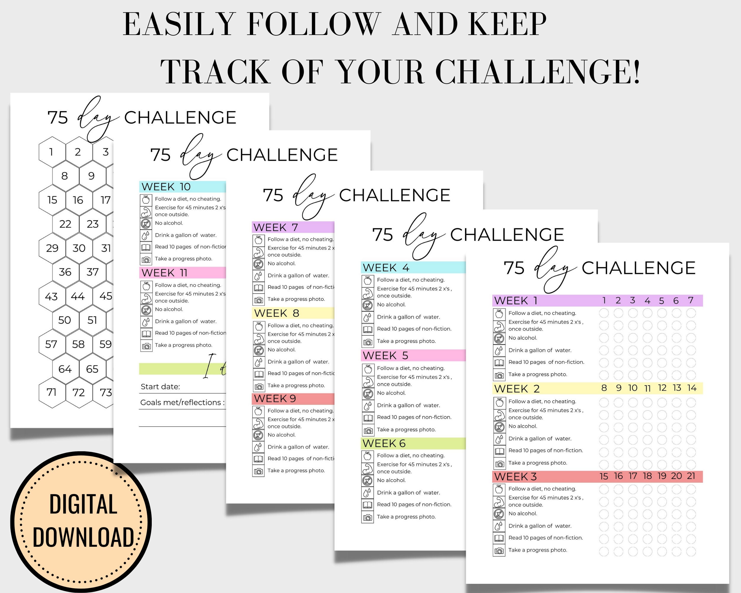 75 Day Challenge Printable, 75 Day Tracker, 75 Challenge Printable , 75 ...