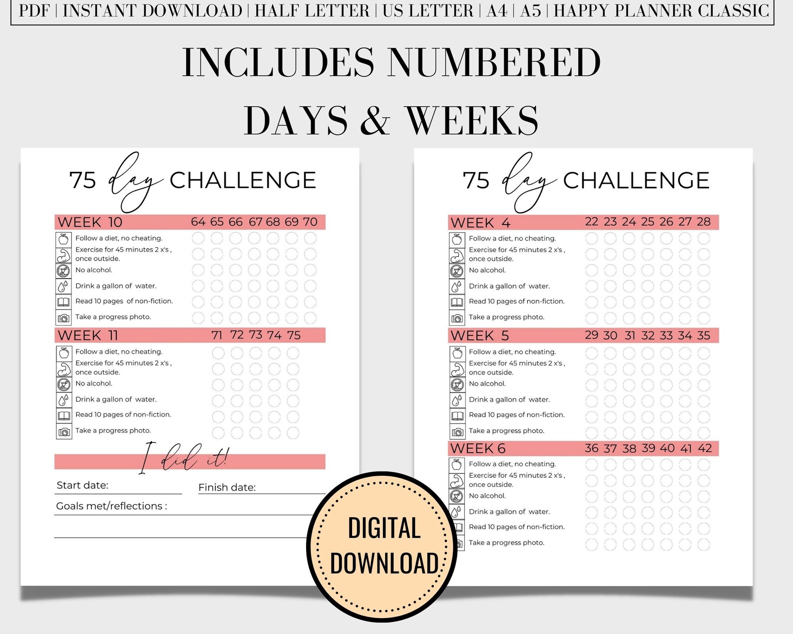75 Day Challenge Printable, 75 Day Tracker, 75 Challenge Printable, 75 ...
