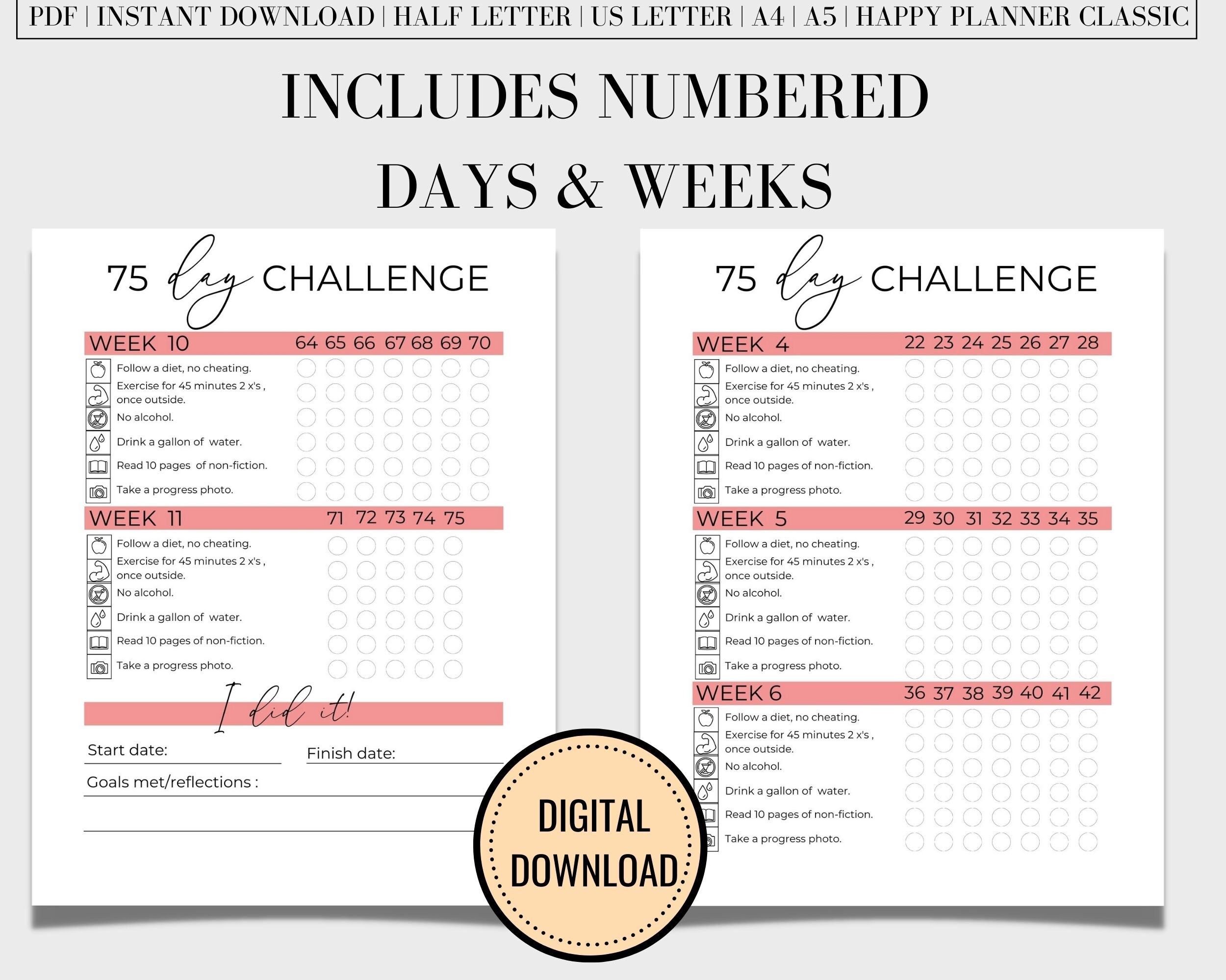 75 Day Challenge Printable, 75 Day Tracker, 75 Challenge Printable, 75 ...