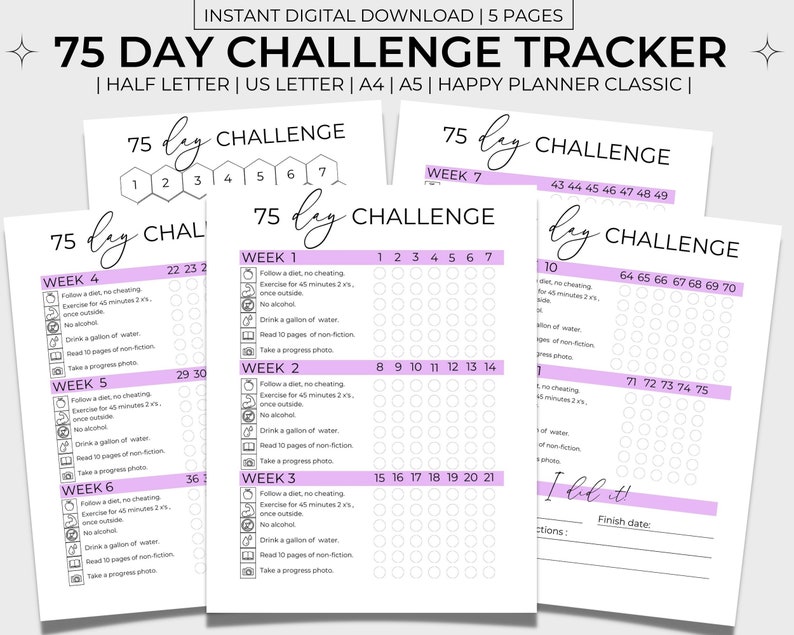 75 Day Challenge Printable 75 Day Tracker Health & Fitness - Etsy
