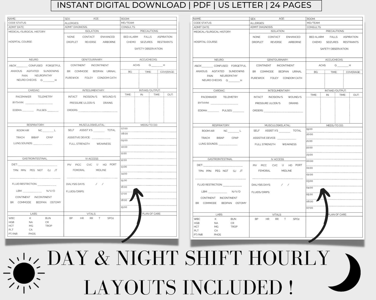 Nurse Report Sheet Med Surg, Nursing Brain, Hourly Layout Day & Night ...