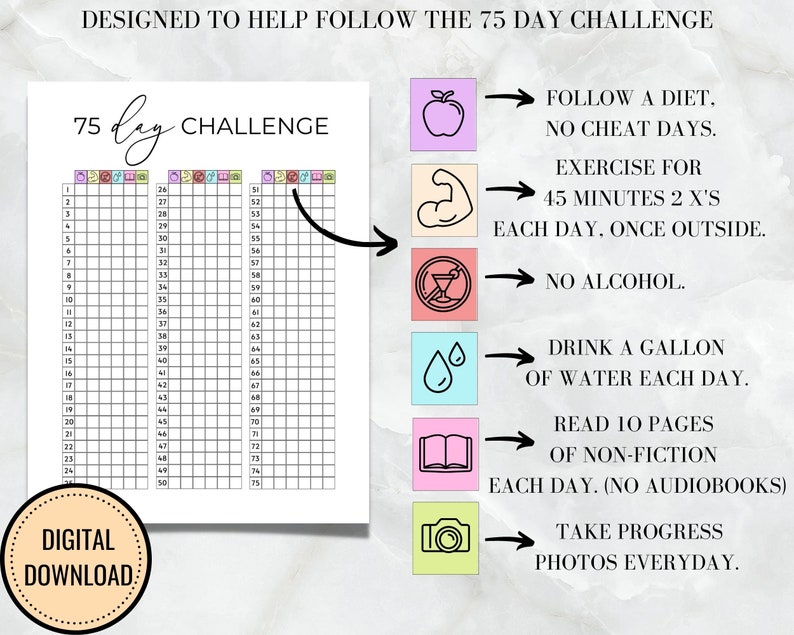 75 Day Challenge Printable, 75 Day Tracker, 75 Challenge Printable, 75 ...