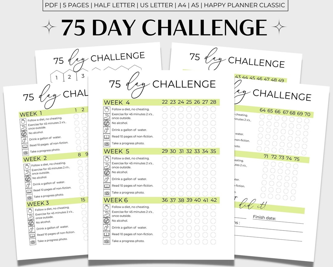 75 Day Challenge Printable, 75 Day Tracker, 75 Challenge Printable, 75 ...