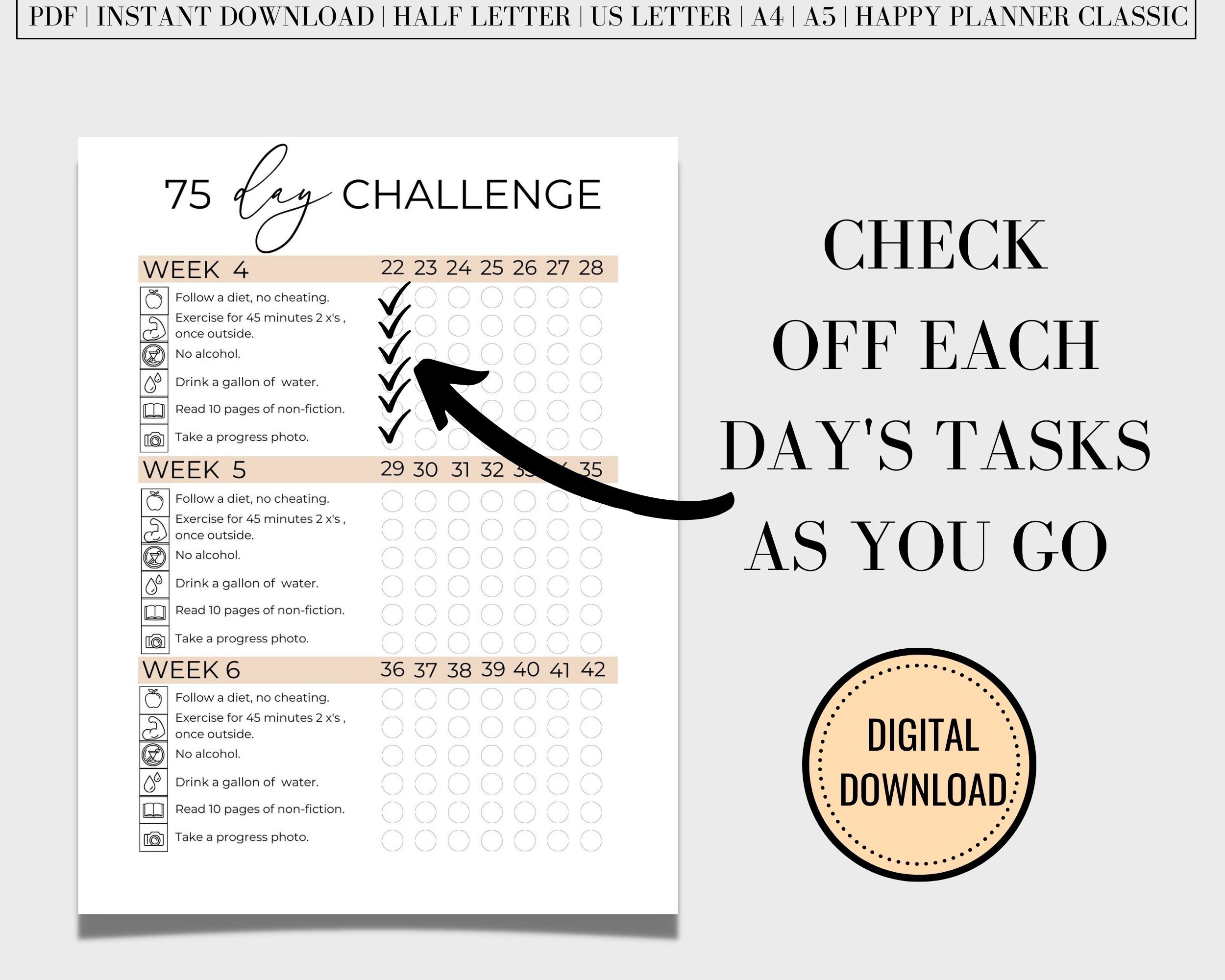 75 Day Challenge Printable, 75 Day Tracker, 75 Challenge Printable , 75 ...