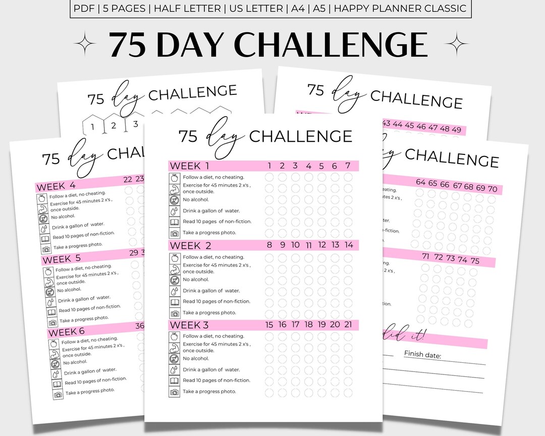 75 Day Challenge Printable, 75 Day Tracker, 75 Challenge Printable, 75 ...