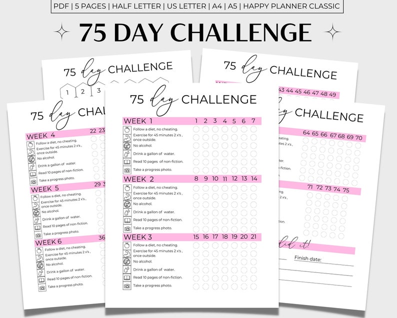 75 Day Challenge Printable, 75 Day Tracker, 75 Challenge Printable, 75 ...
