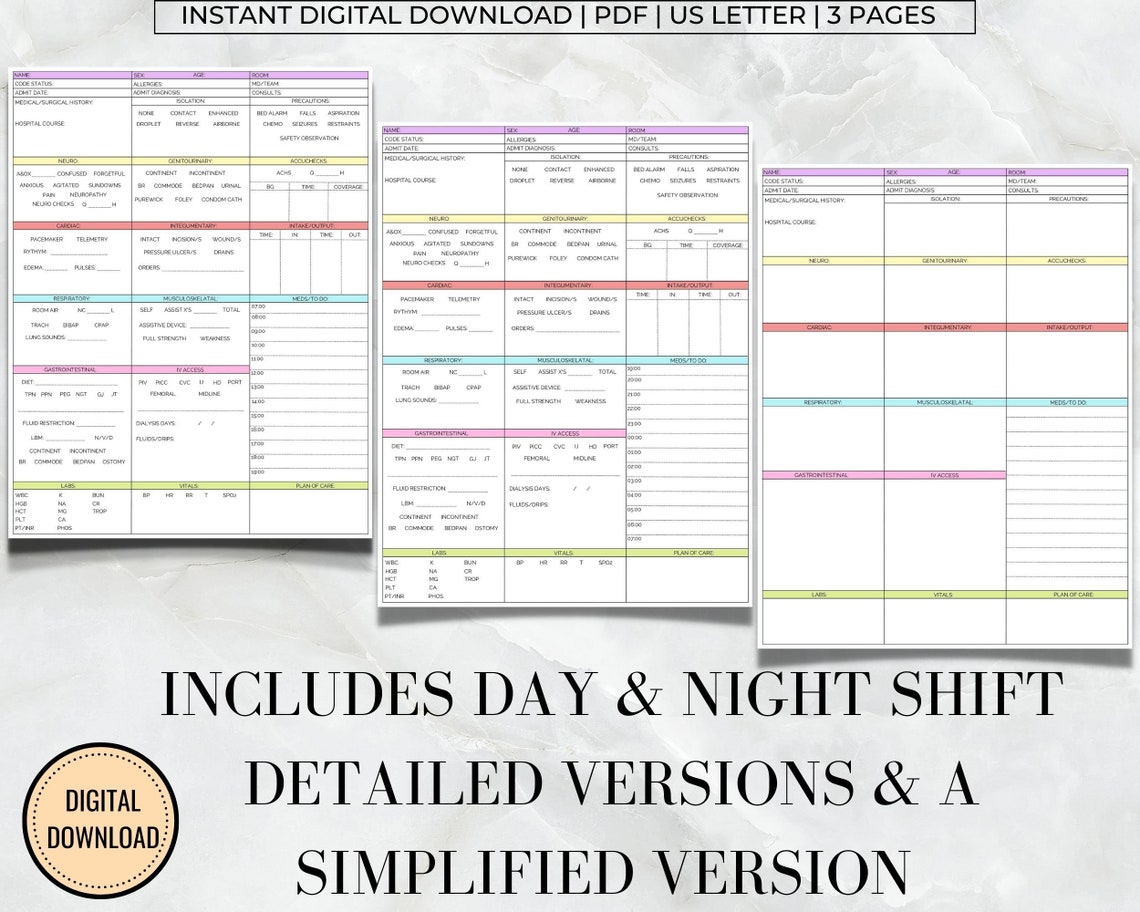 Nurse Report Sheet Med Surg, Nursing Brain, Hourly Layout Day & Night ...