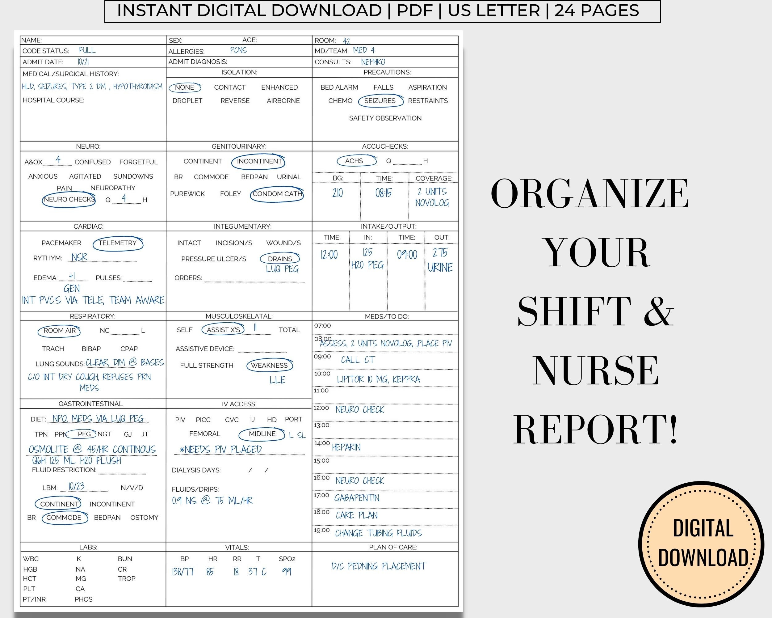 Nurse Report Sheet Med Surg, Nursing Brain, Hourly Layout Day & Night ...