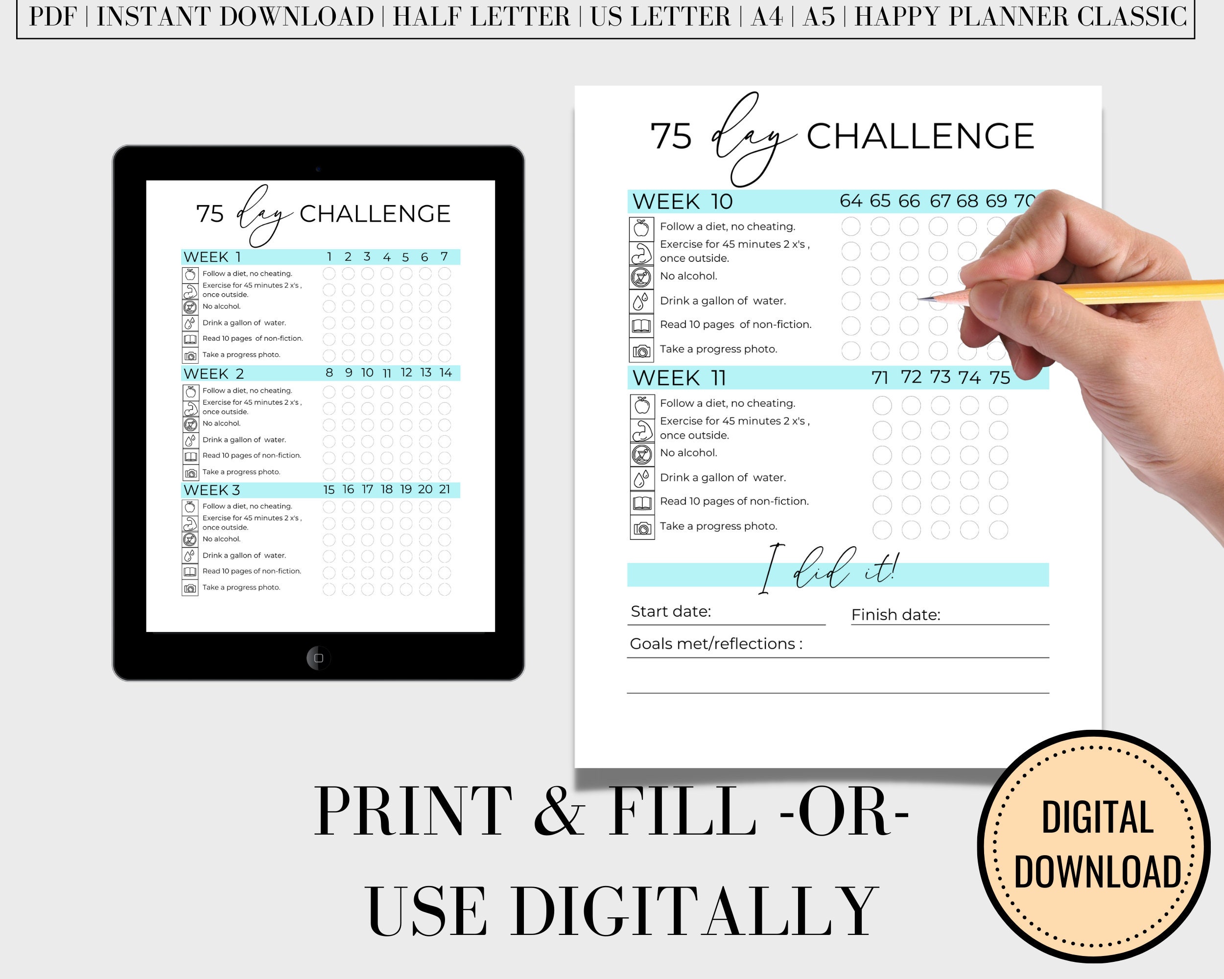 75 Day Challenge Printable, 75 Day Tracker, 75 Challenge Printable, 75 ...