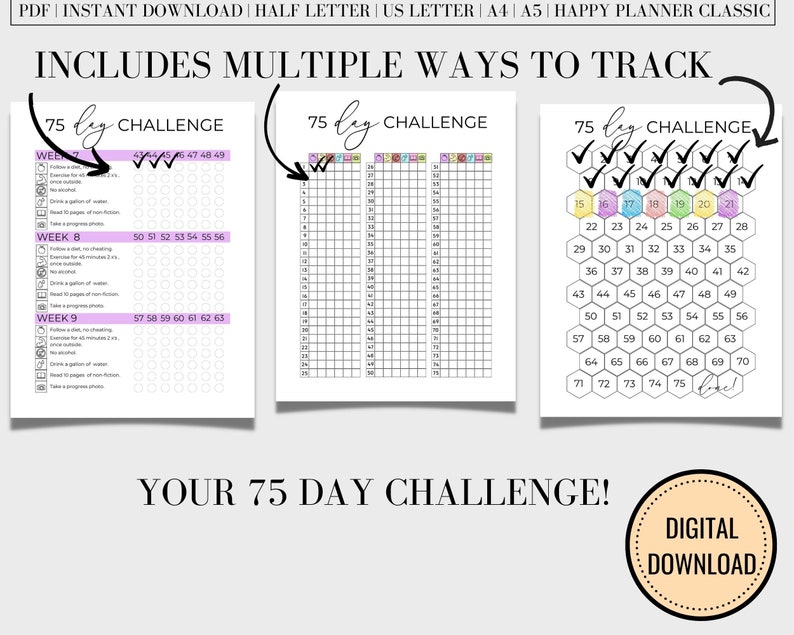 75 Day Challenge Bundle Printable, 75 Day Tracker, 75 Challenge ...