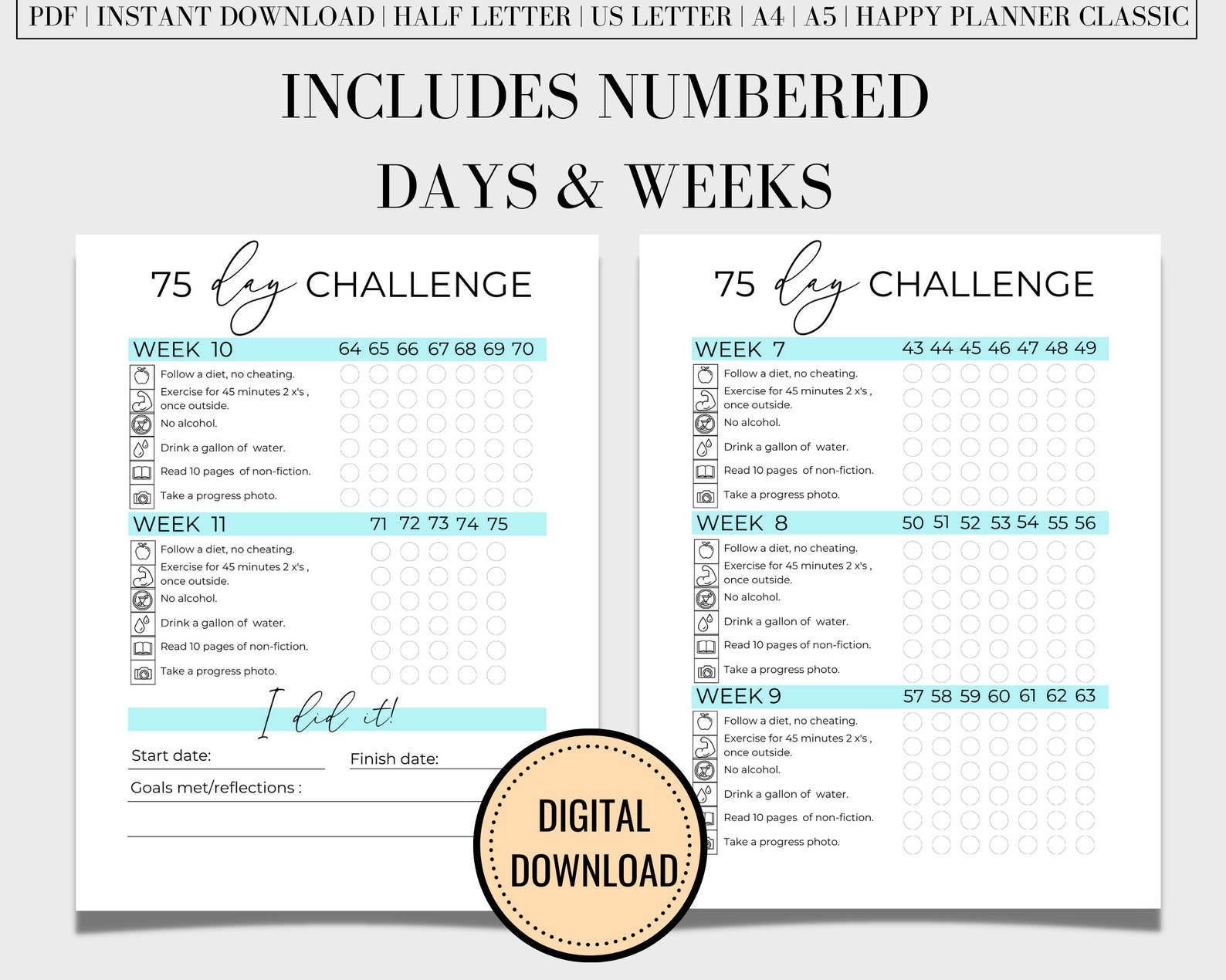 75 Day Challenge Printable, 75 Day Tracker, 75 Challenge Printable, 75 ...