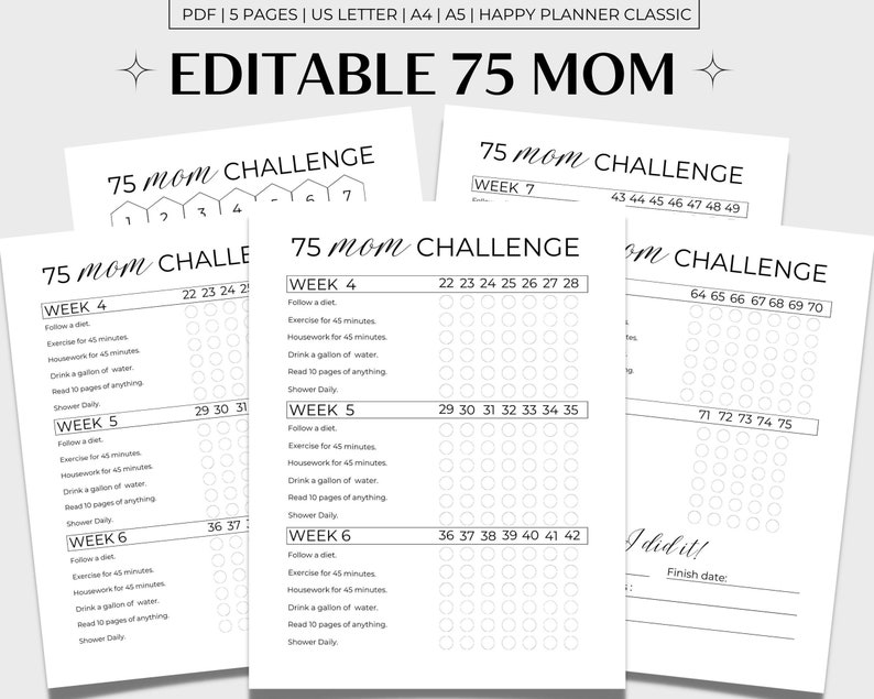 Editable 75 Mom Challenge Printable, 75 Mom Tracker, 75 Mom Printable ...