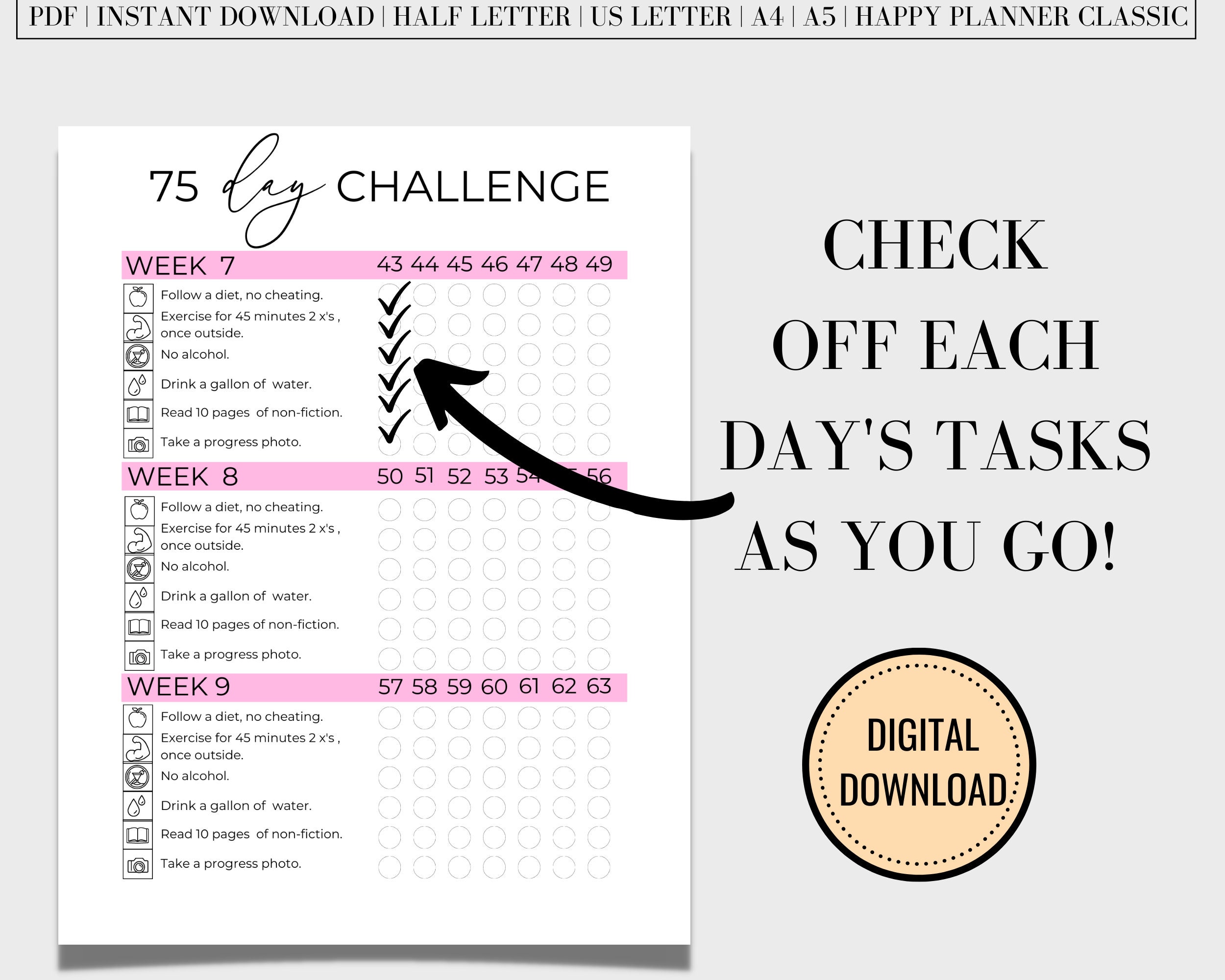 75 Day Challenge Printable, 75 Day Tracker, 75 Challenge Printable, 75 ...