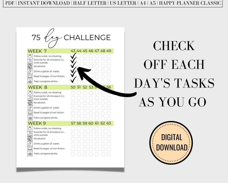 75 Day Challenge Printable, 75 Day Tracker, 75 Challenge Printable, 75 ...