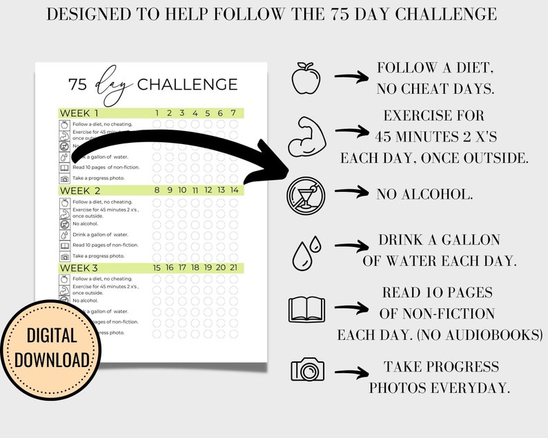75 Day Challenge Printable, 75 Day Tracker, 75 Challenge Printable, 75 ...
