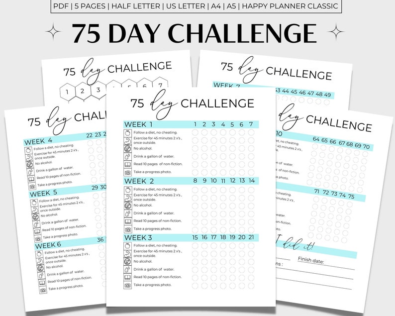 75 Day Challenge Printable, 75 Day Tracker, 75 Challenge Printable, 75 ...