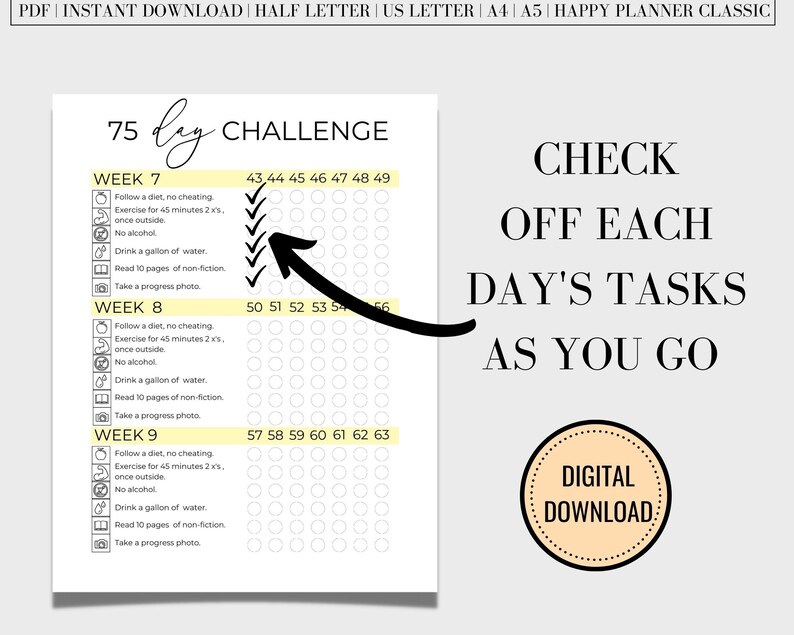 75 Day Challenge Printable, 75 Day Tracker, 75 Challenge Printable , 75 ...