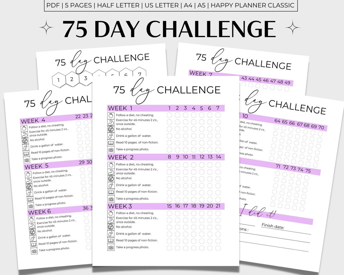 75 Day Challenge Printable, 75 Day Tracker, 75 Challenge Printable, 75 ...