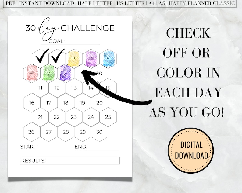 30 Day Challenge Printable, 30 Day Goal Tracker, Monthly Goal Planner ...