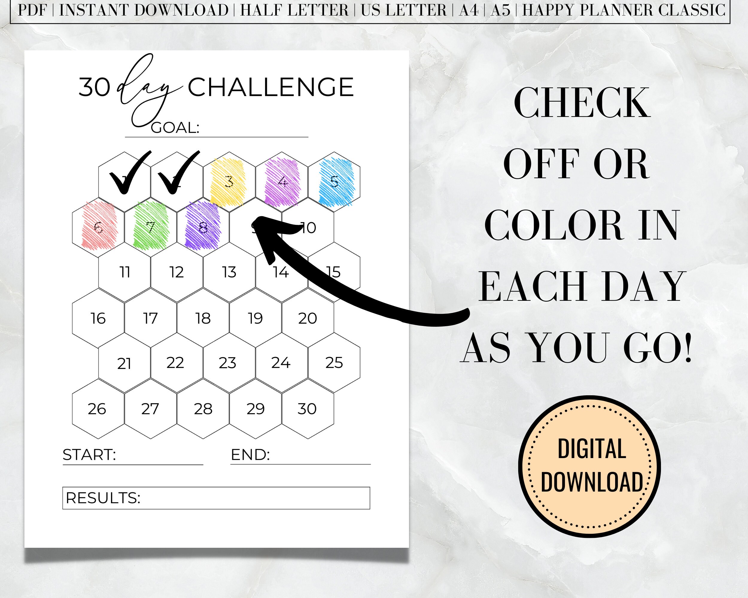 30 Day Challenge Printable, 30 Day Goal Tracker, Monthly Goal Planner ...