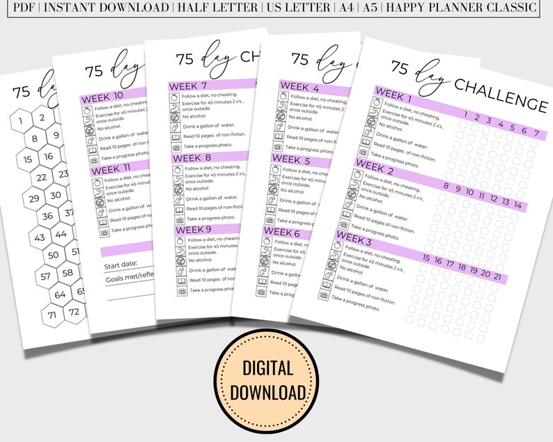 75 Day Challenge Printable, 75 Day Tracker, 75 Challenge Printable, 75 ...
