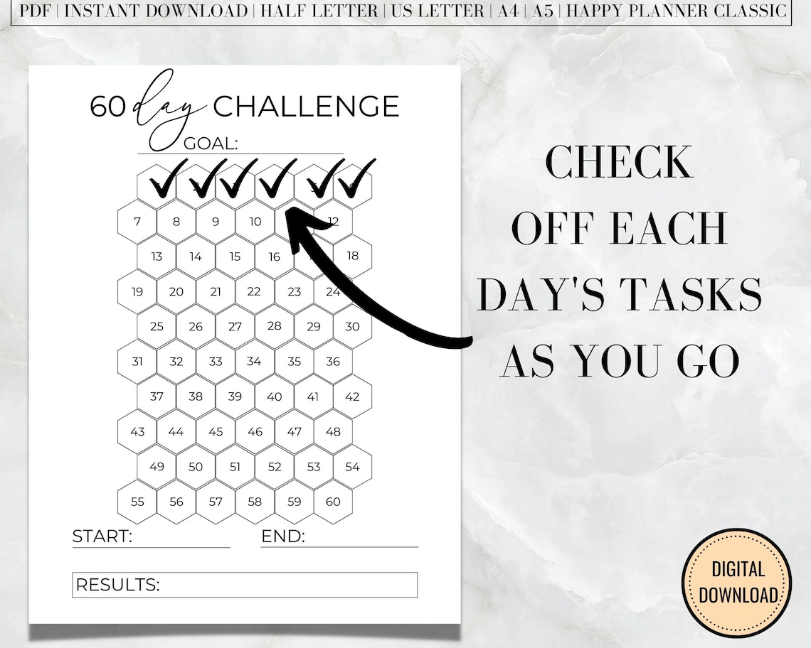 60 Day Challenge Printable, 60 Day Goal Tracker, Monthly Goal Planner ...