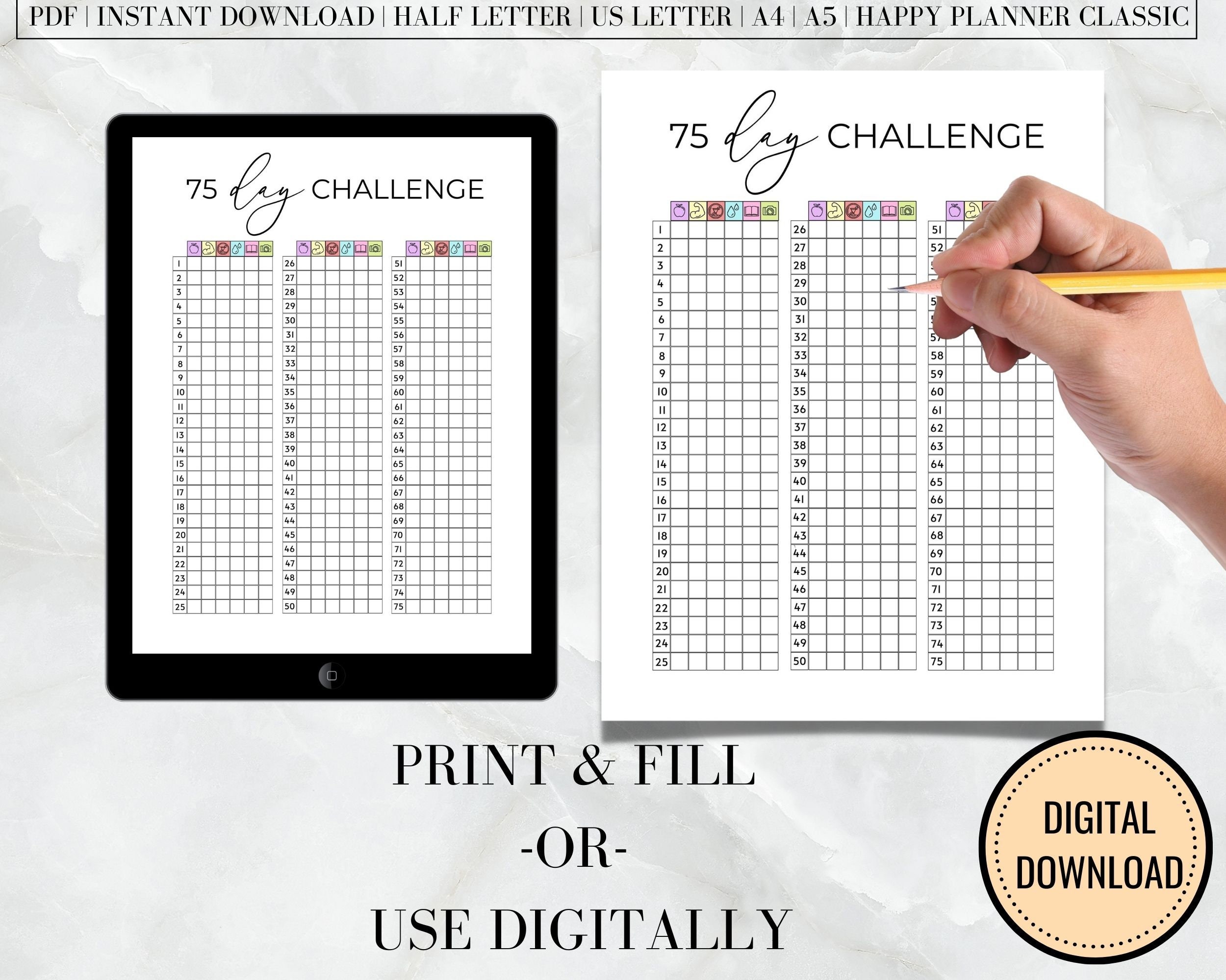 75 Day Challenge Printable, 75 Day Tracker, 75 Challenge Printable, 75 ...