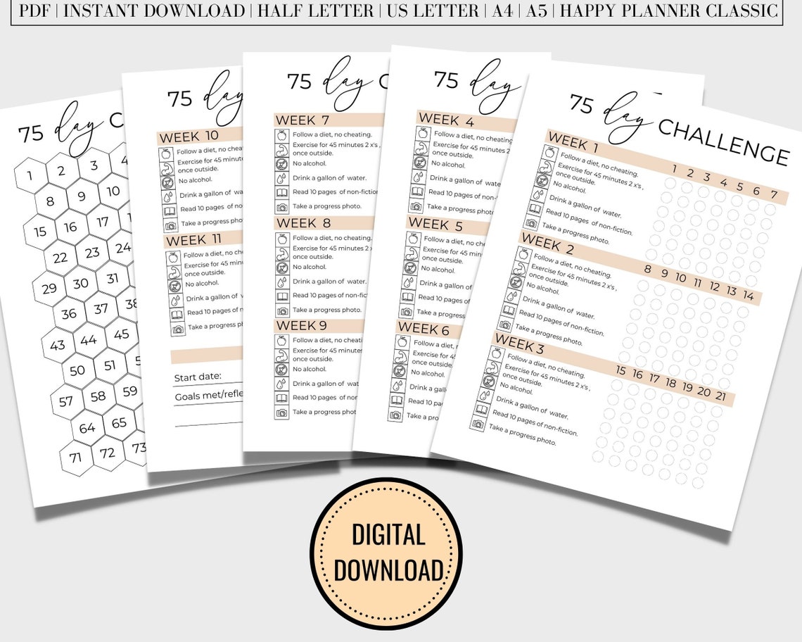 75 Day Challenge Printable 75 Day Tracker Health & Fitness - Etsy