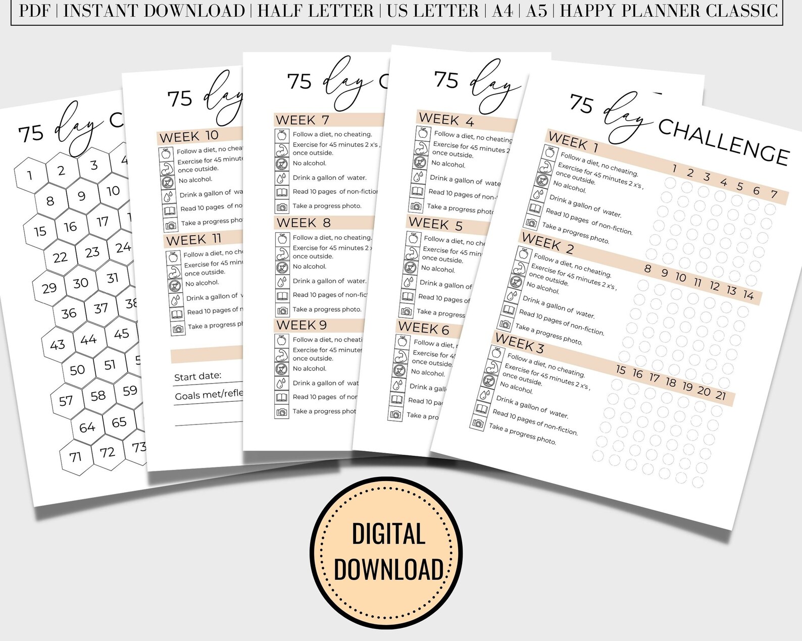 75 Day Challenge Printable, 75 Day Tracker, 75 Challenge Printable , 75 ...