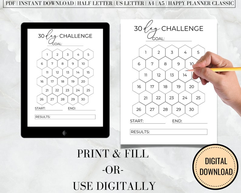 30 Day Challenge Printable, 30 Day Goal Tracker, Monthly Goal Planner ...