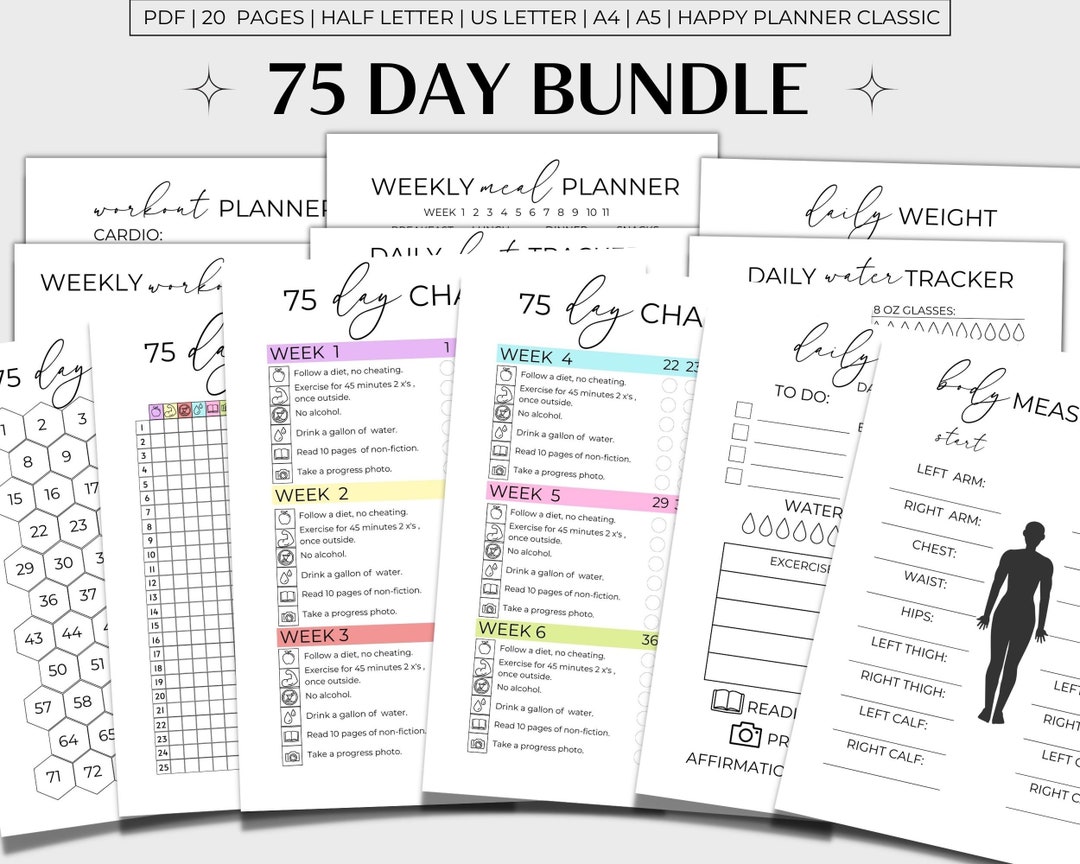 75 Day Challenge Bundle Printable, 75 Day Tracker, 75 Challenge ...