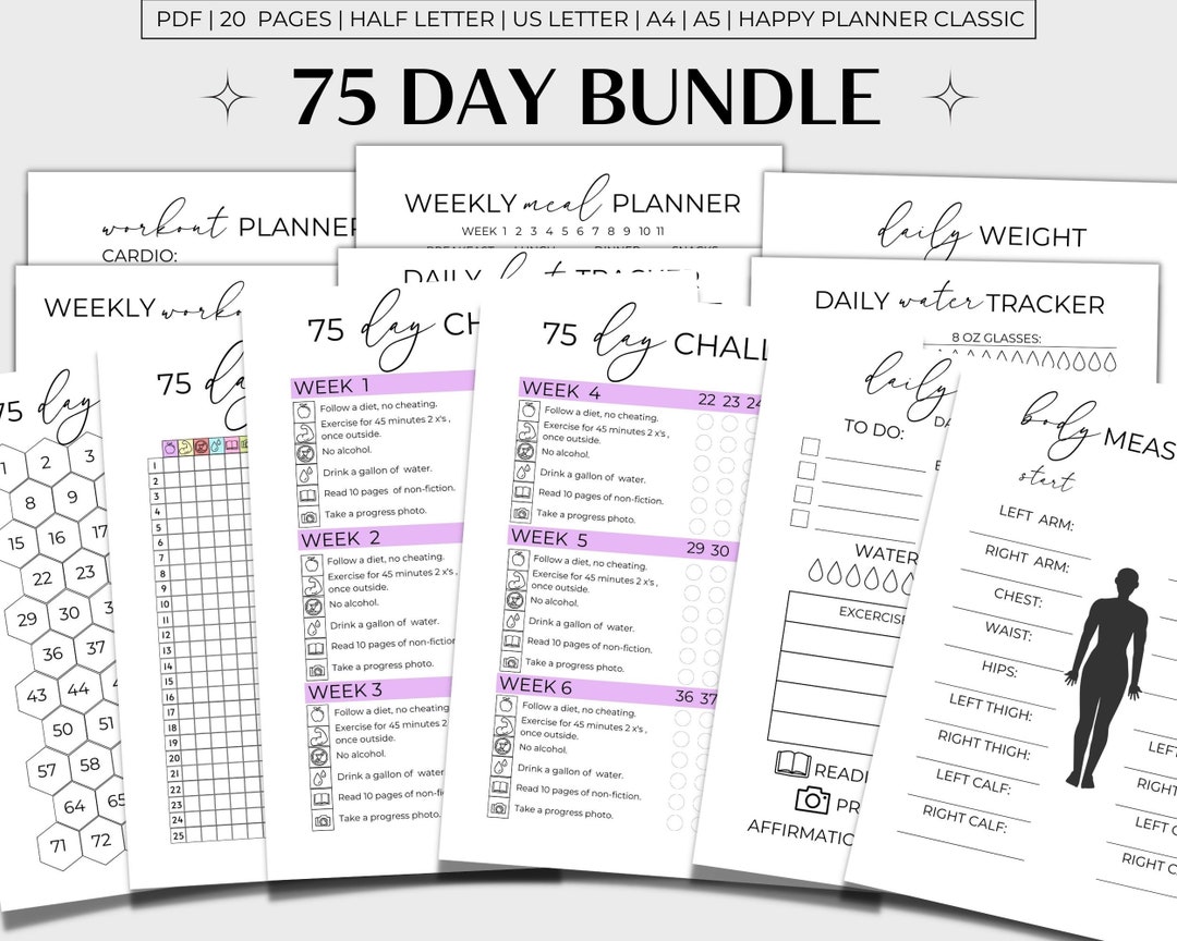 75 Day Challenge Bundle Printable, 75 Day Tracker, 75 Challenge ...