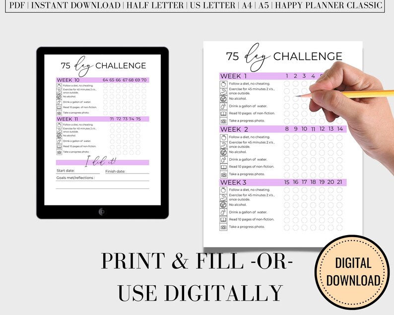 75 Day Challenge Printable, 75 Day Tracker, 75 Challenge Printable, 75 ...