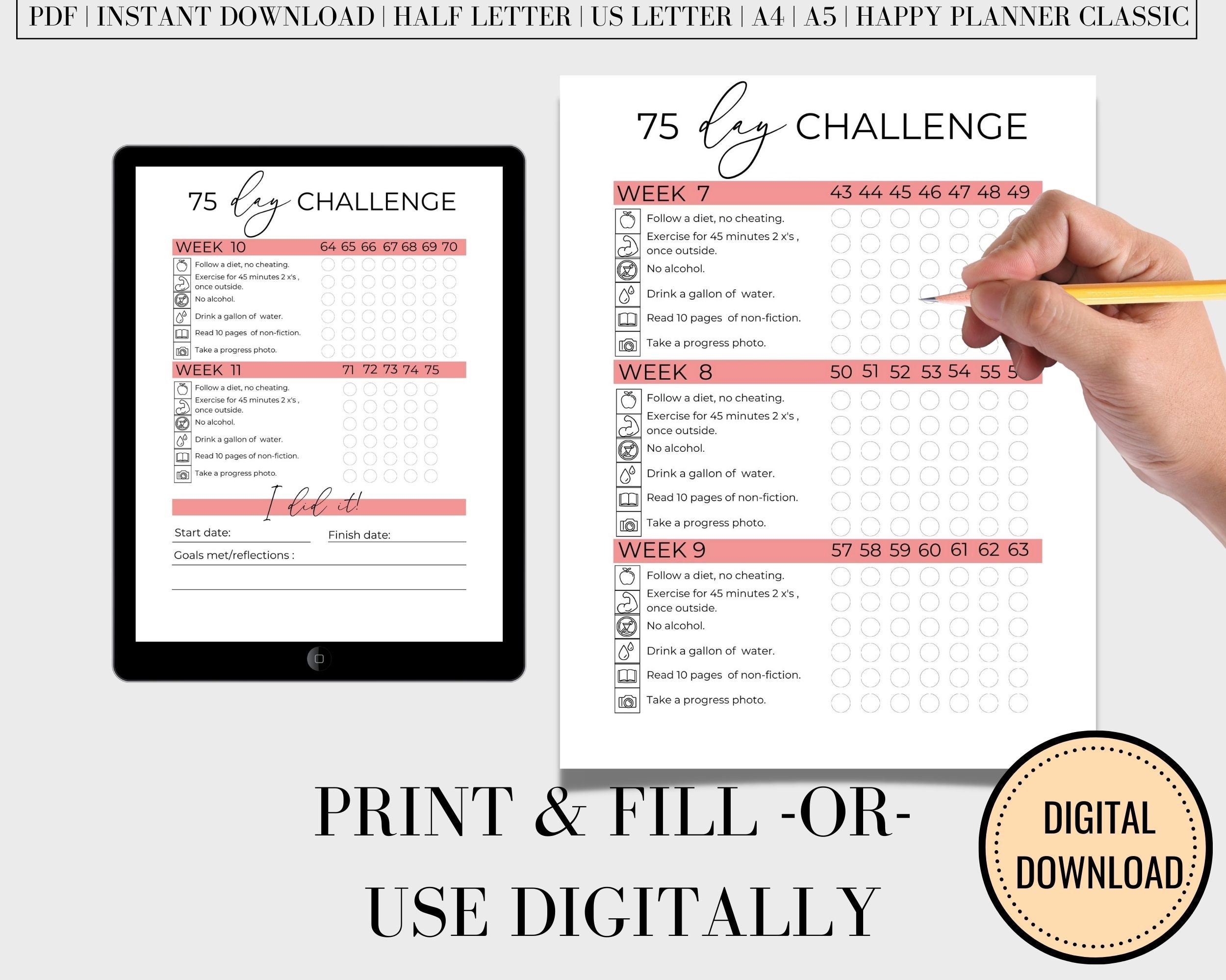 75 Day Challenge Printable, 75 Day Tracker, 75 Challenge Printable, 75 ...