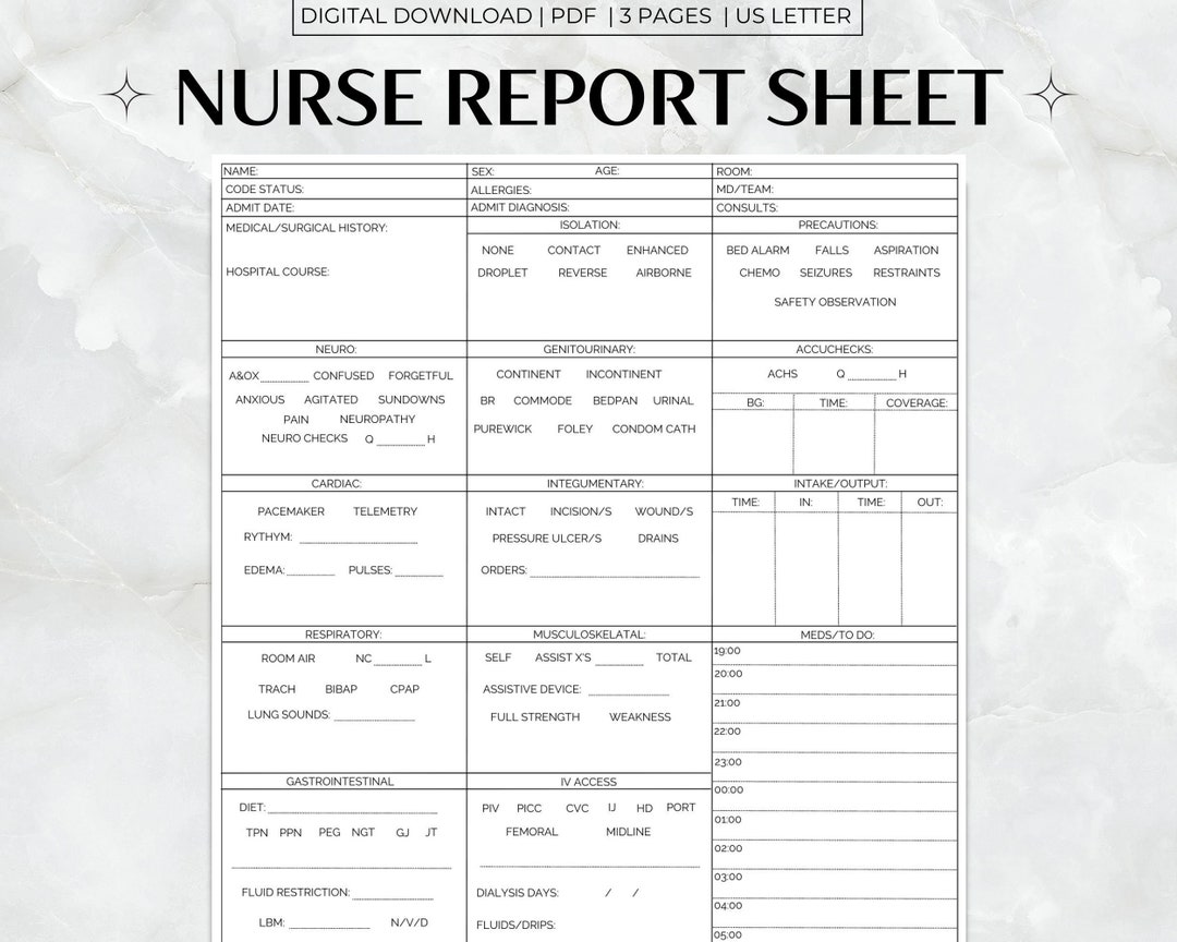 Nurse Report Sheet Med Surg, Nursing Brain, Hourly Layout Day & Night ...