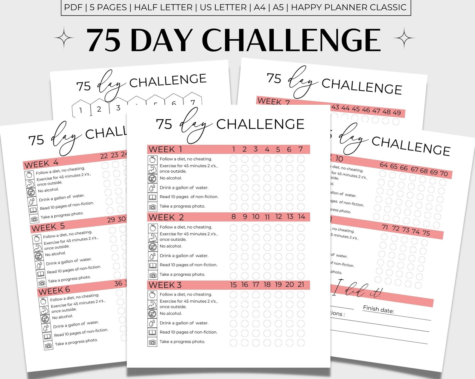 75 Day Challenge Printable, 75 Day Tracker, 75 Challenge Printable, 75 ...